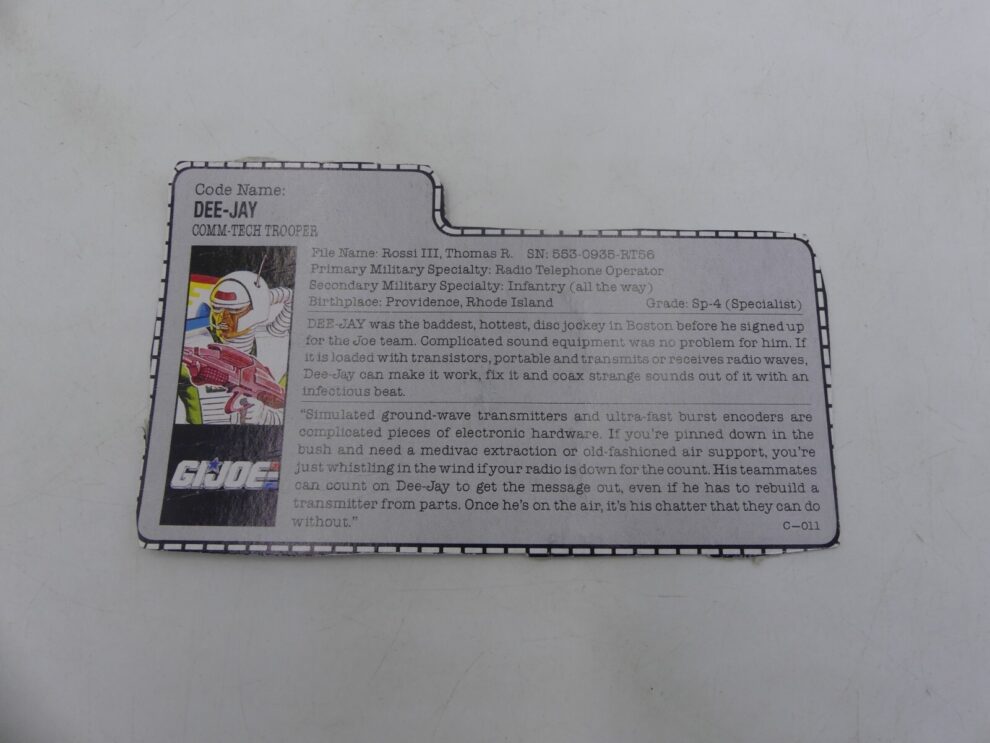 VINTAGE GI JOE 1989 DEE JAY EUROPEAN File Card - Vintage Toy Mania